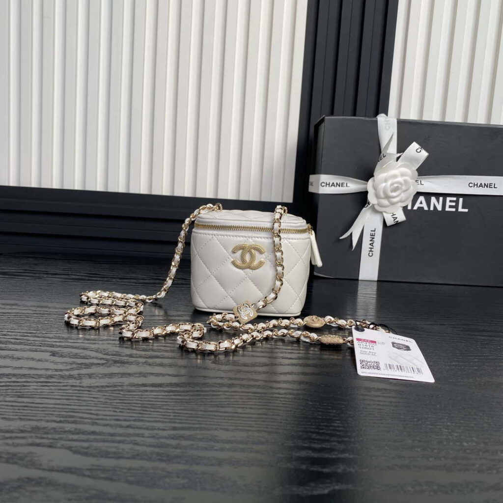 Chanel AP4302 Mini Clutch Embossed Rhinestone Vanity Box Bag White ...